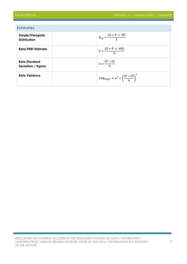 PM Notebook - Appendix H - Formula Sheet | PDF