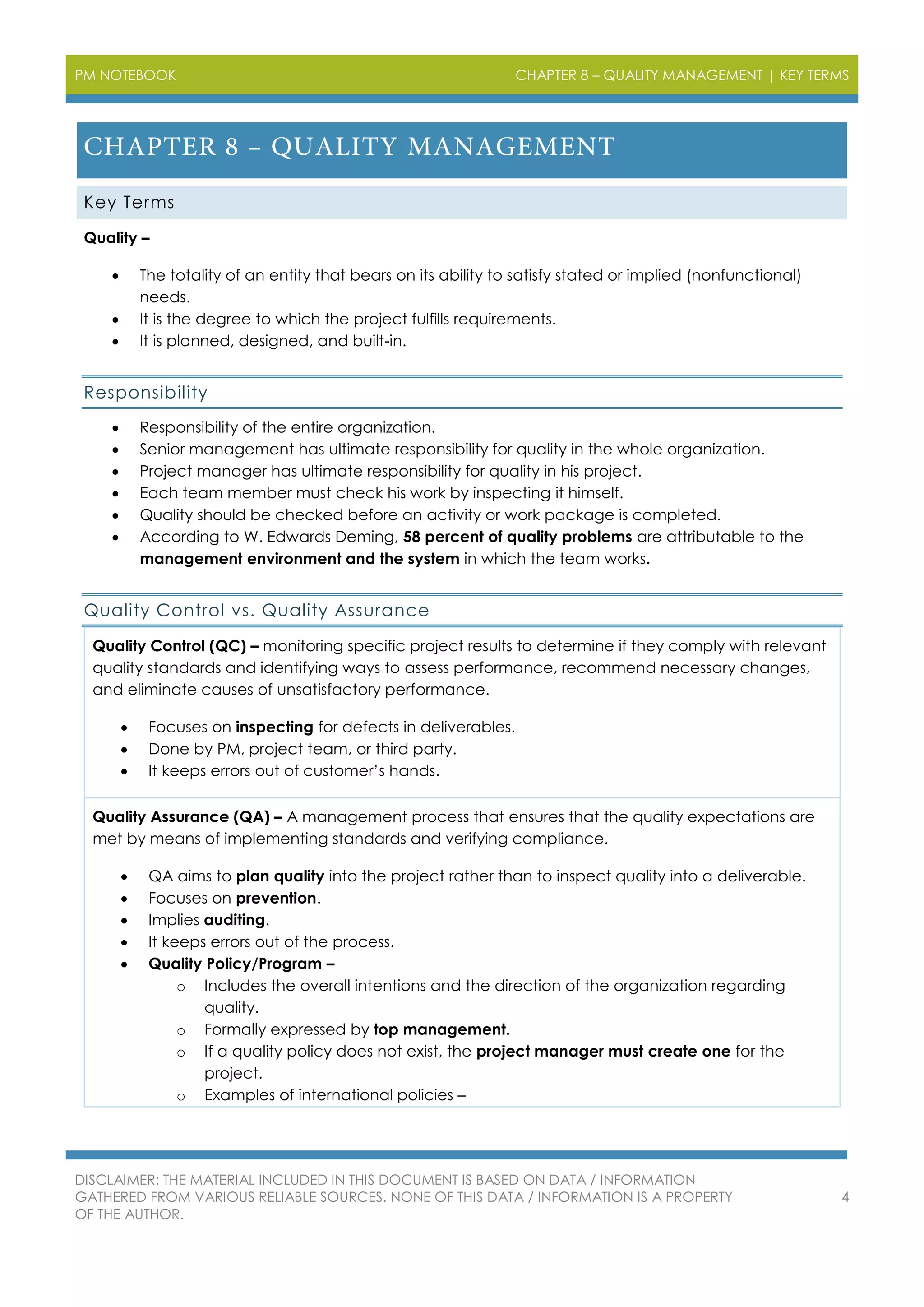 PM Notebook - Chapter 8: Quality Management | PDF