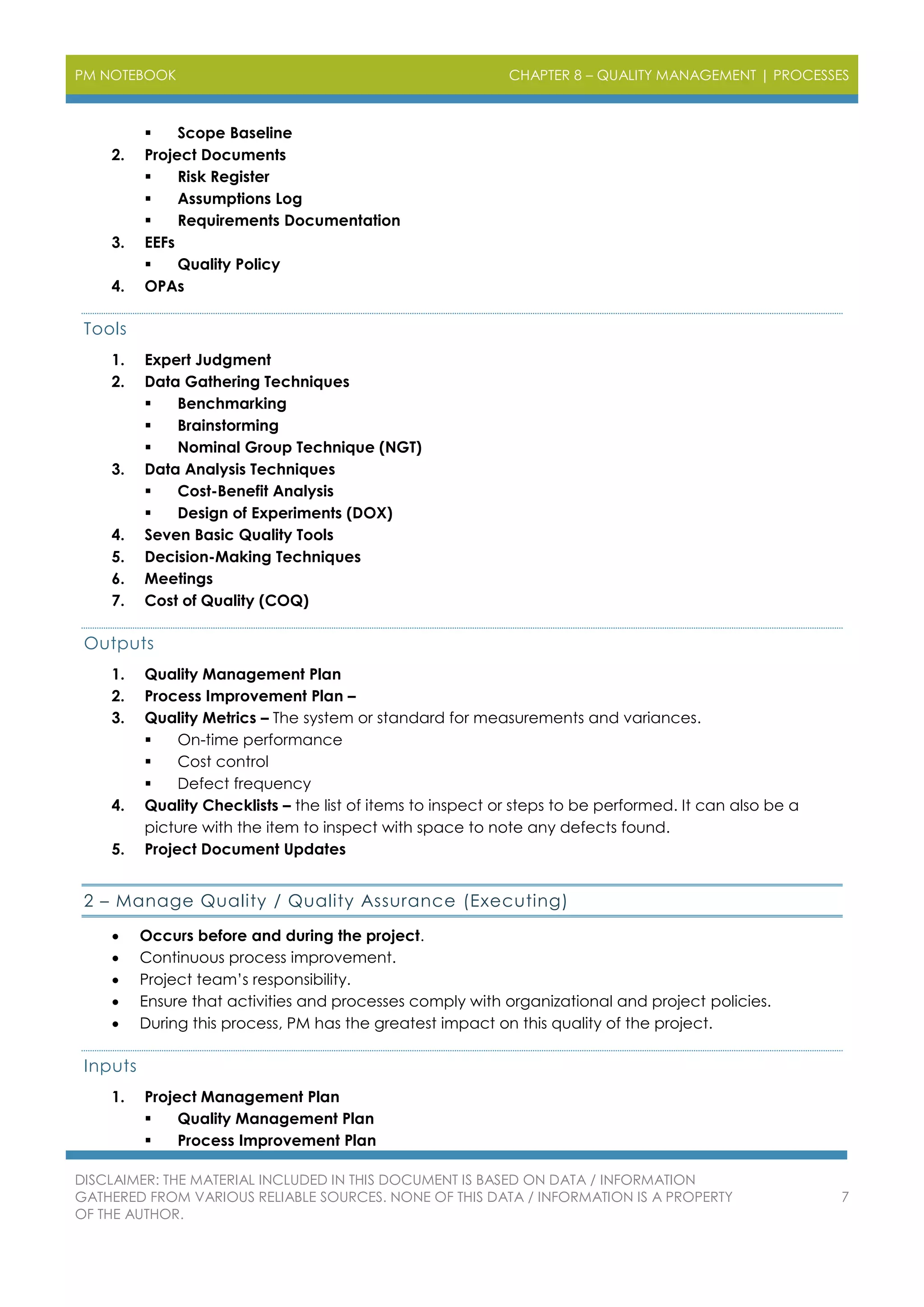 PM Notebook - Chapter 8: Quality Management | PDF