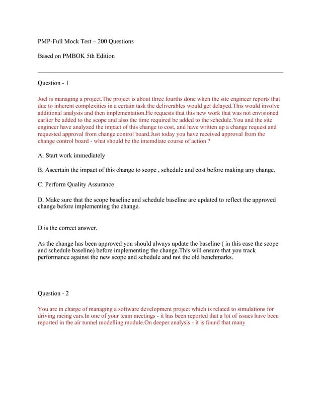 Pmp full mock test – 200 questions | DOCX
