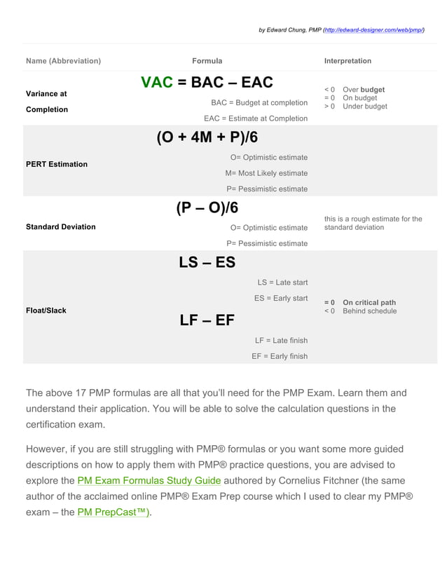 Pmp formulas pmbok6 | PDF