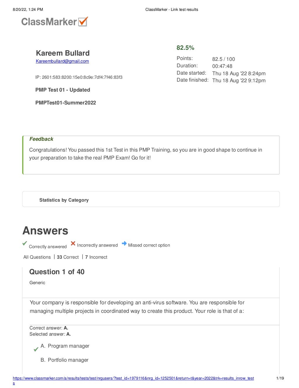 PMP Test 01 Results | PPTX