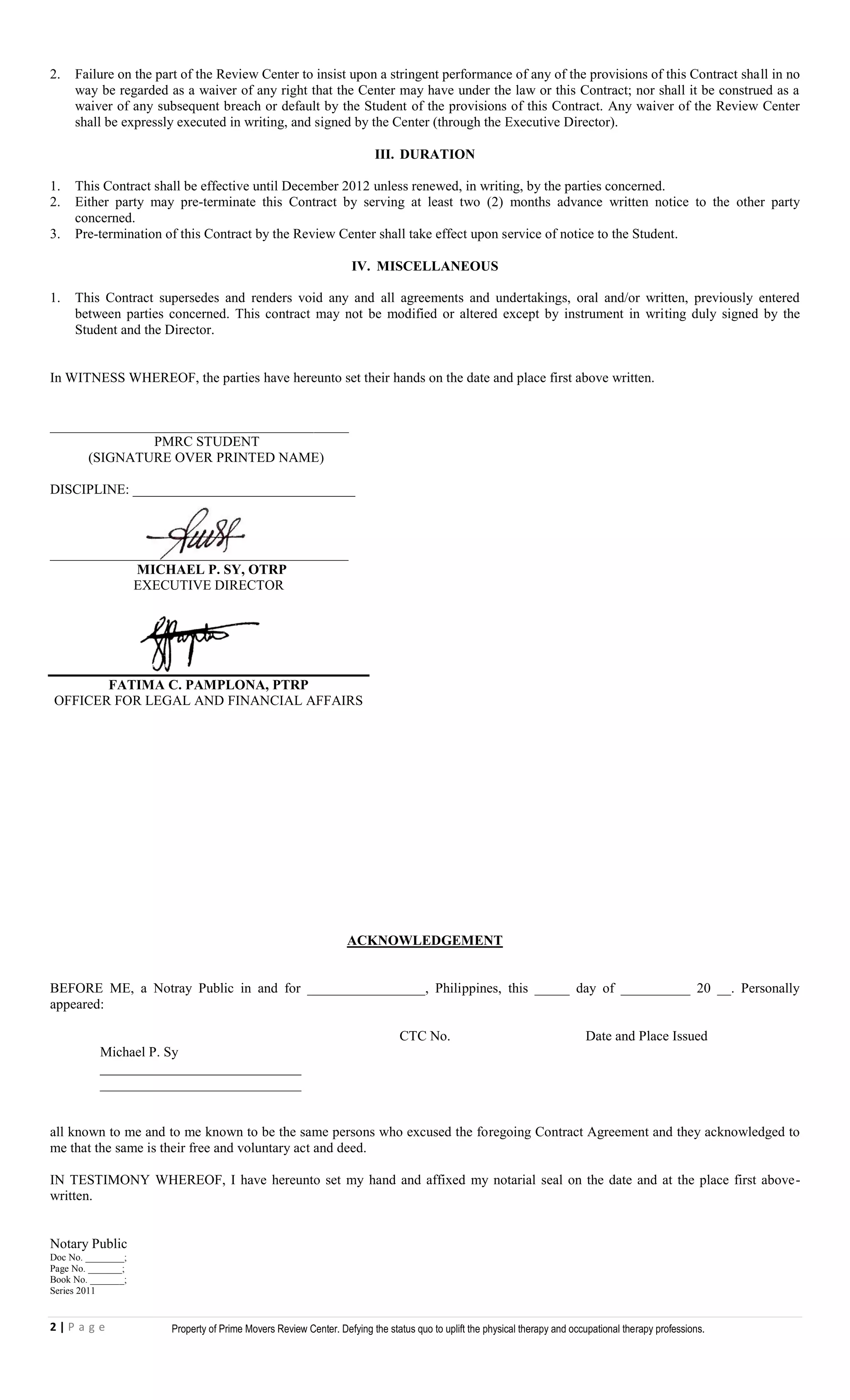 Pmrc student agreement contract (1) | PDF