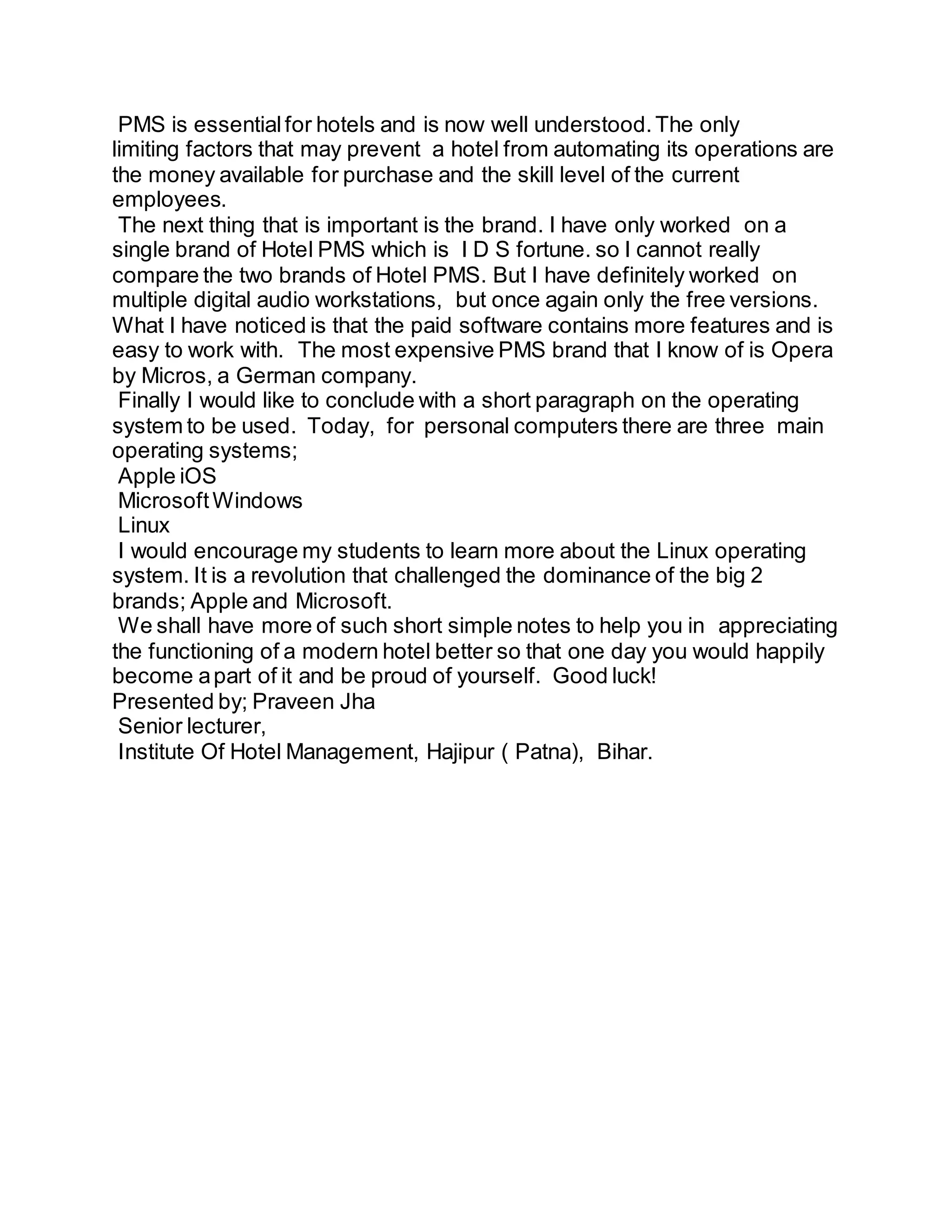 PMS in hotels concept notes | DOCX
