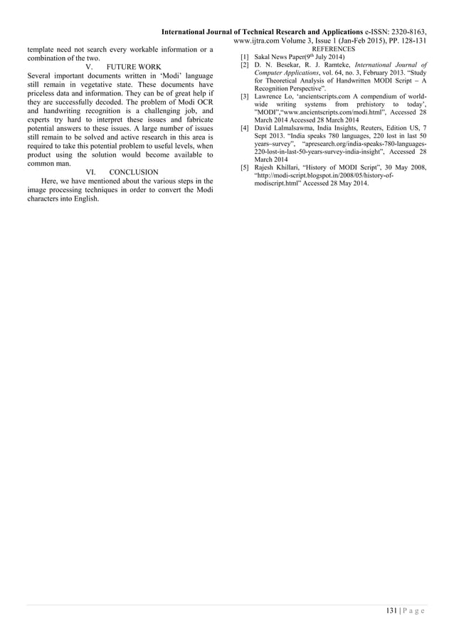 RECOGNITION AND CONVERSION OF HANDWRITTEN MODI CHARACTERS | PDF