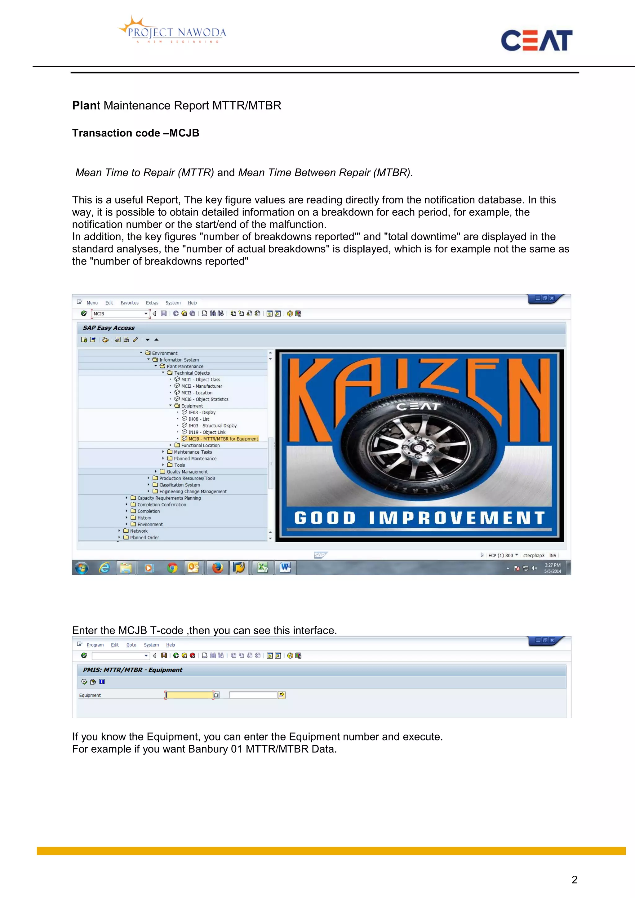Plant Maintenance user manual MTTR Report | PDF