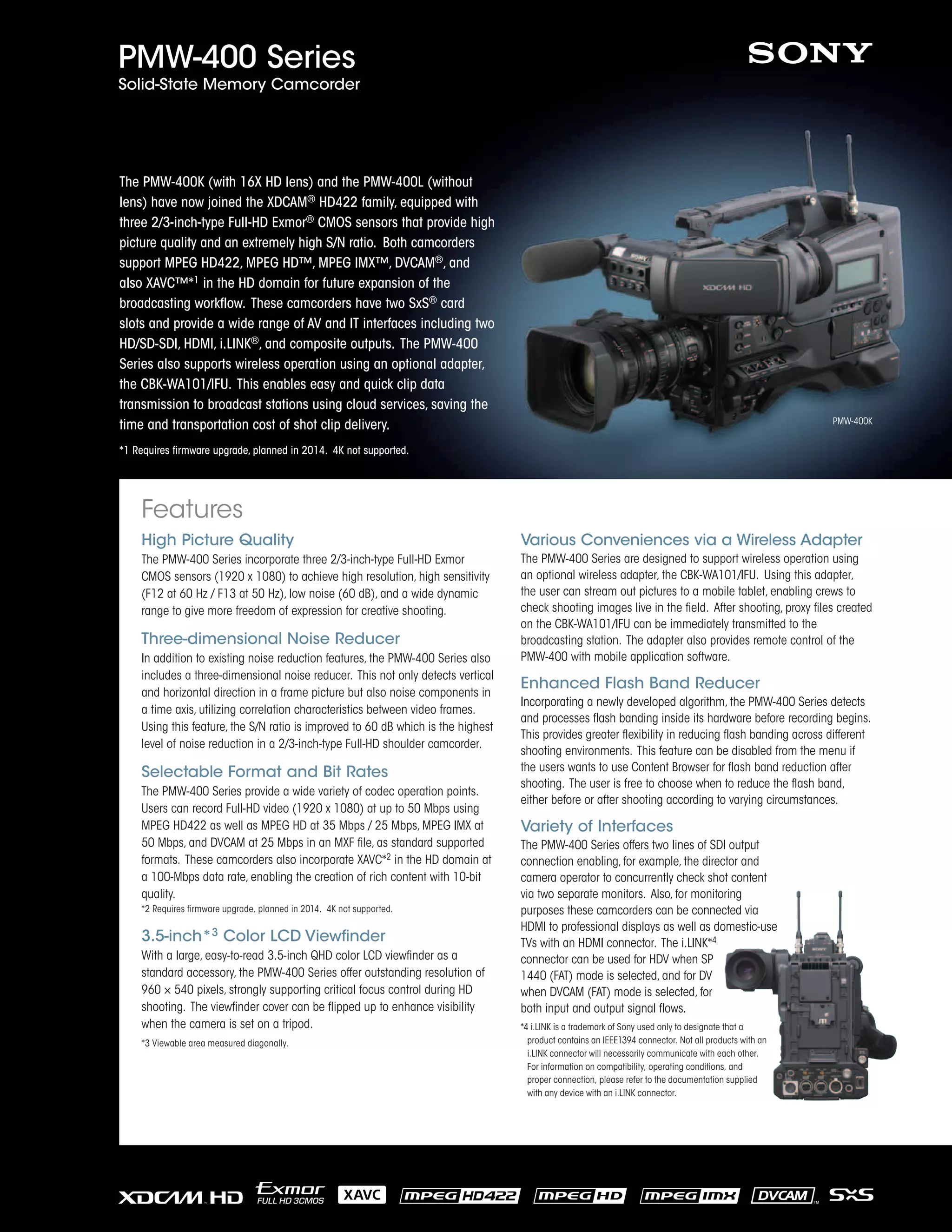 Sony PMW-400 Camcorder | PDF