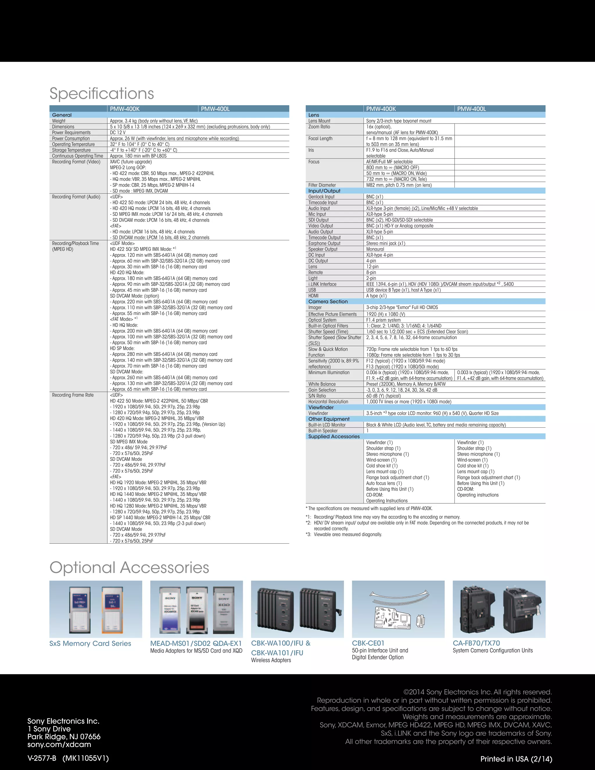 Sony PMW-400 Camcorder | PDF