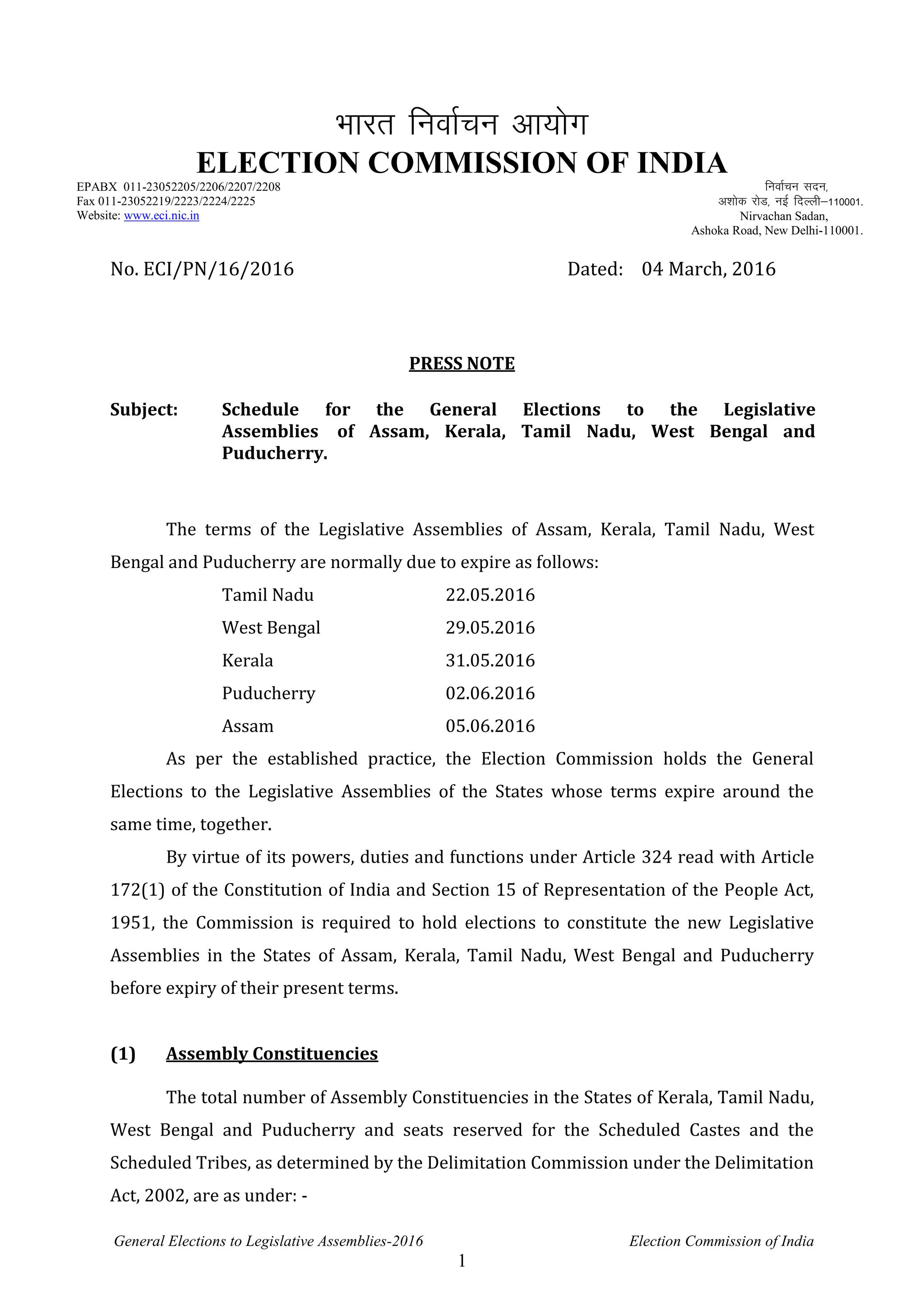 Schedule for the General Elections to the Legislative Assemblies of ...