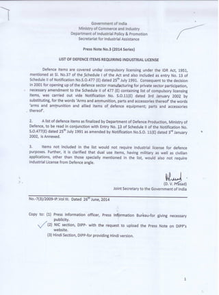 Revised defence products list for mandatory Industrial licensing | PDF