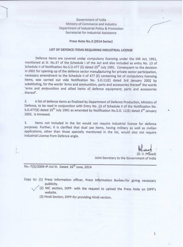 Revised defence products list for mandatory Industrial licensing | PDF