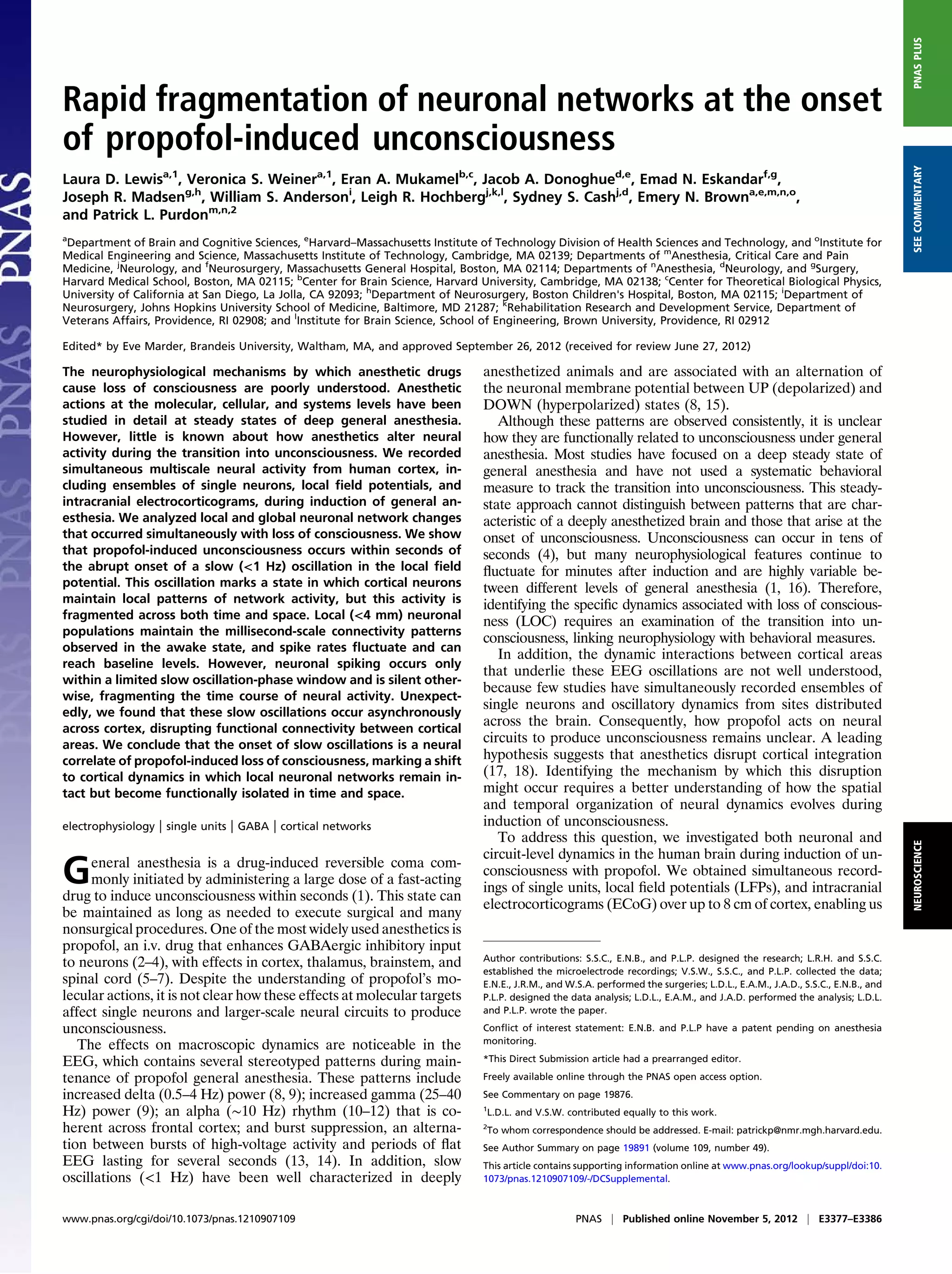 Rapid fragmentation of neuronal networks at the onset of propofol-induced unconsciousness | PDF
