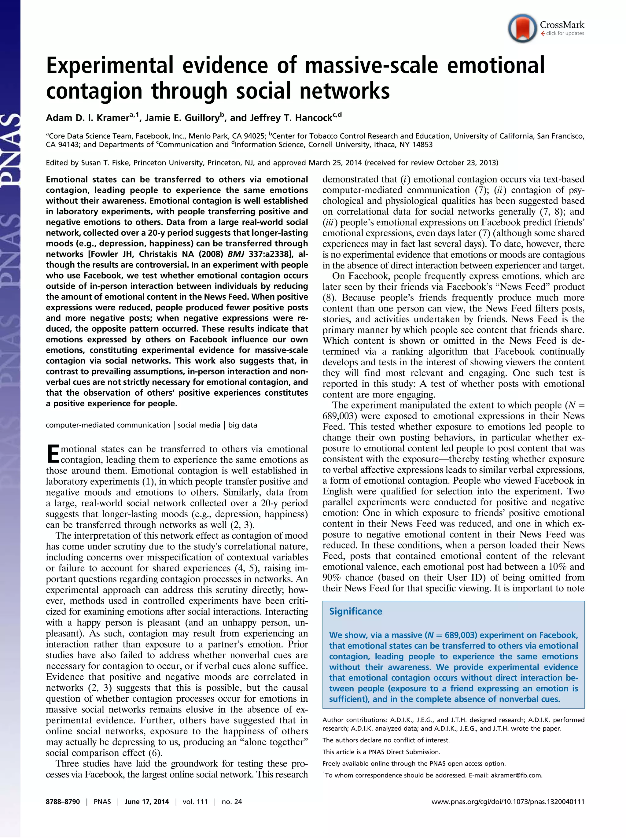 Experimental evidence of massive-scale emotional contagion through social networks | PDF