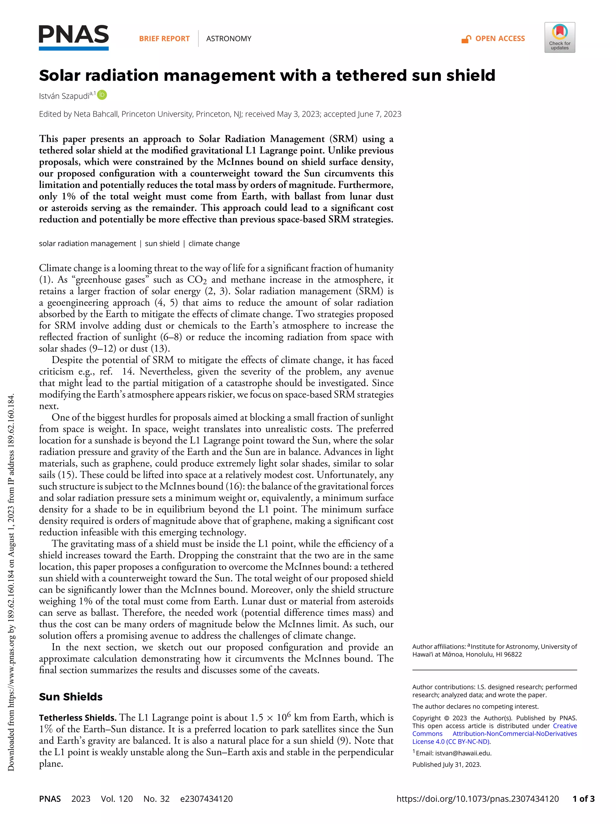 Solar radiation management with a tethered sun shield | PDF