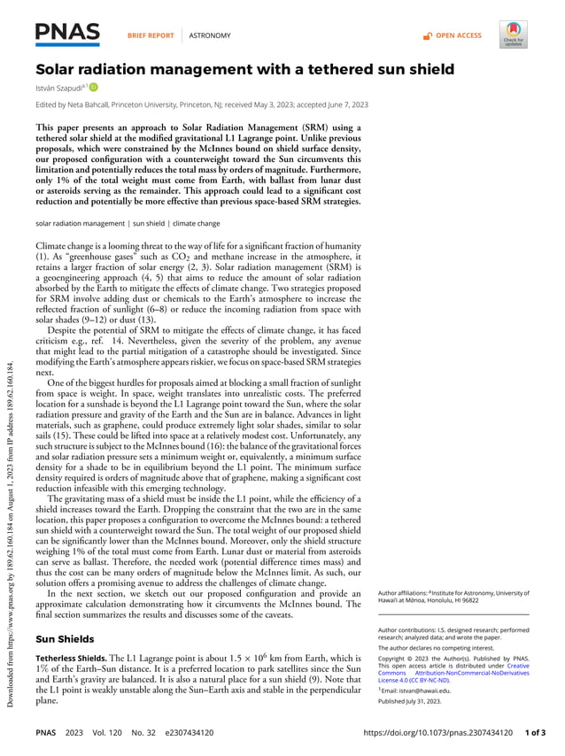 Solar radiation management with a tethered sun shield | PDF