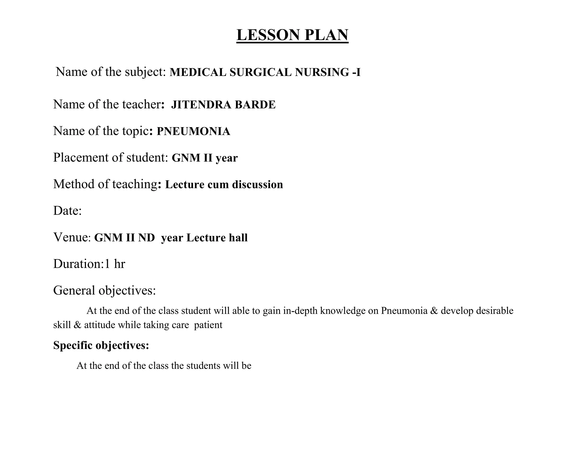 Pneumonia In Medical Surgical Nursing lesson Plan PDF | PDF