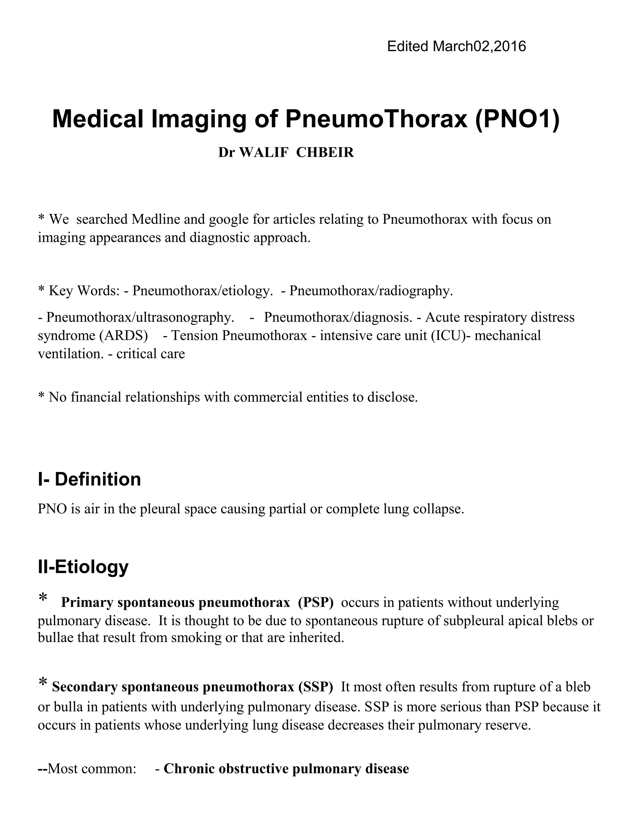 Walif Chbeir: Medical Imaging of PneumoThorax (PNO)–1 | PDF