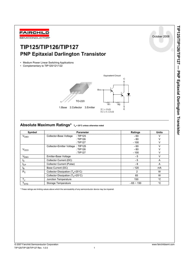Original PNP Transistor TIP127 5A 100V TO-220 New ST | PDF