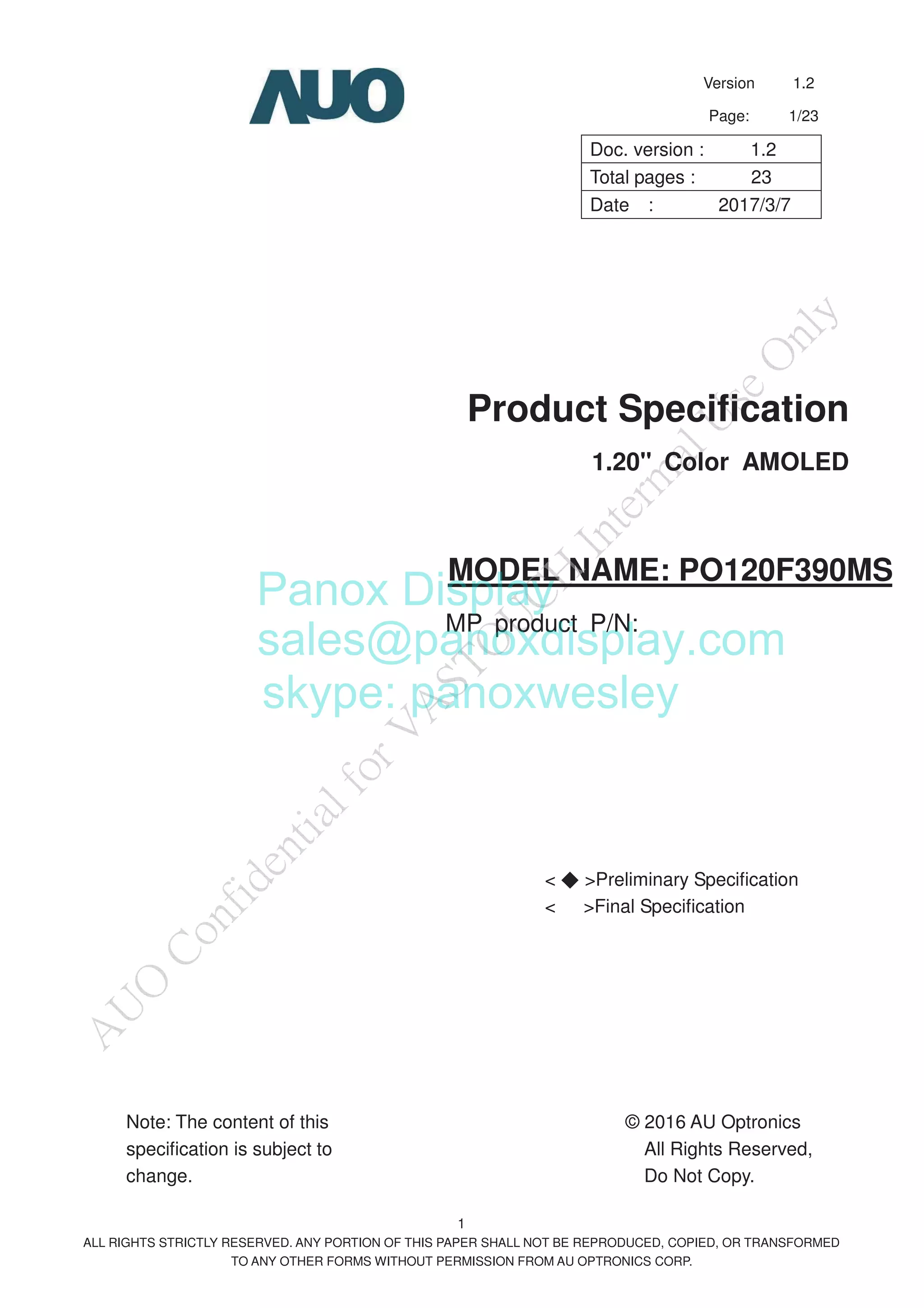 AUO 1.2 inch Amoled Datasheet | PDF