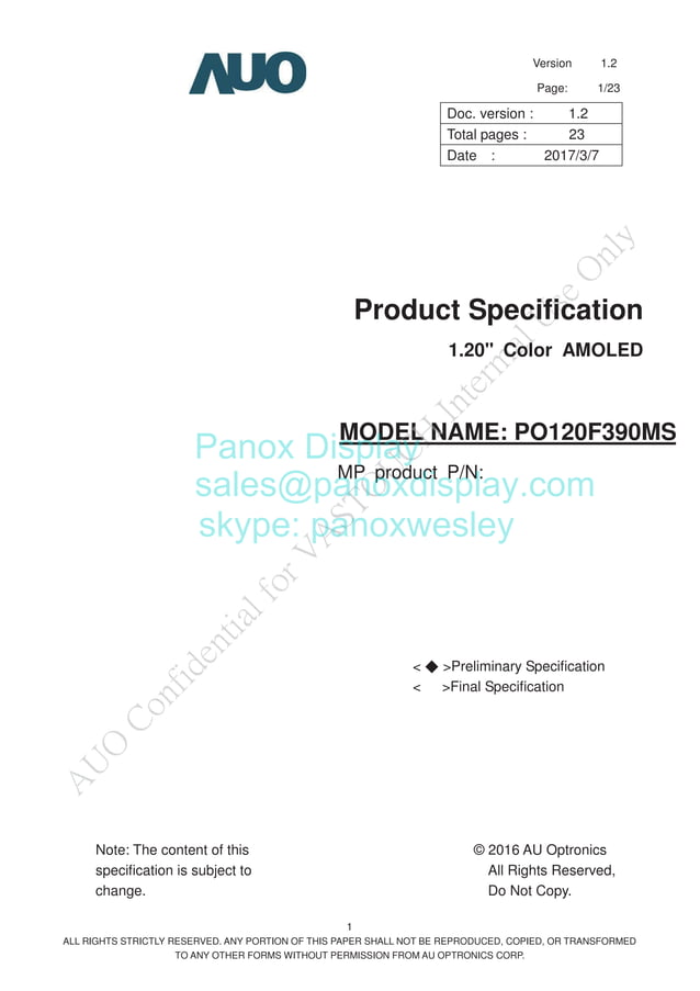 AUO 1.2 inch Amoled Datasheet | PDF
