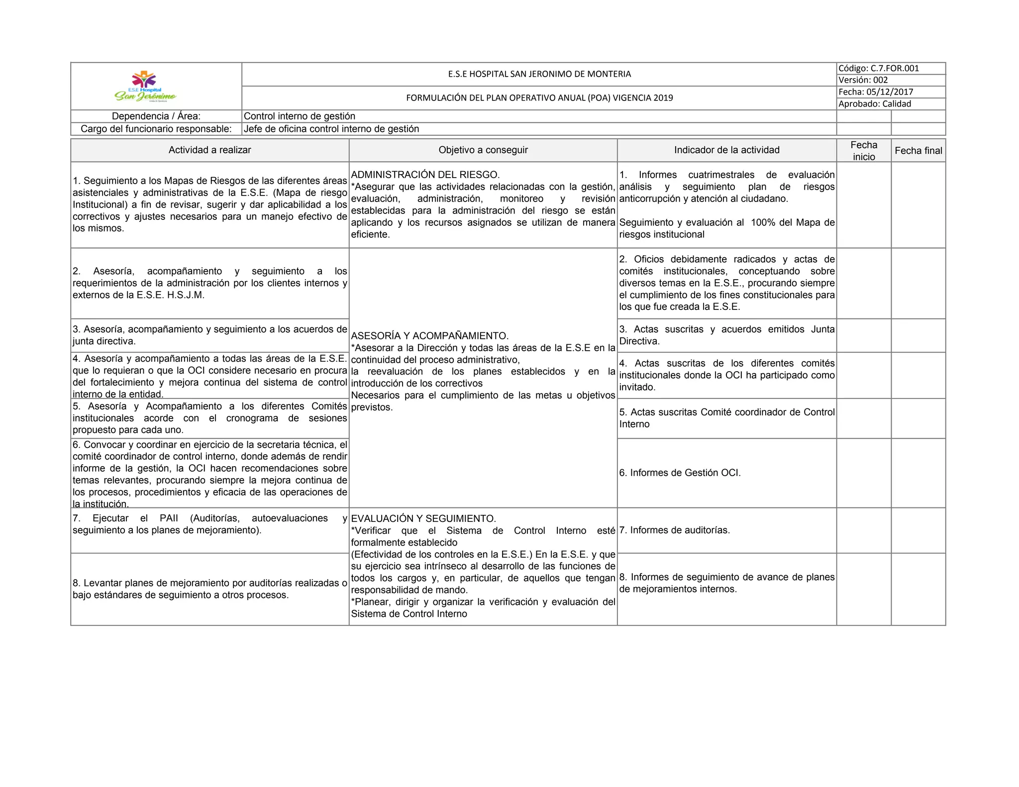 Poa control interno g 2019 | PDF
