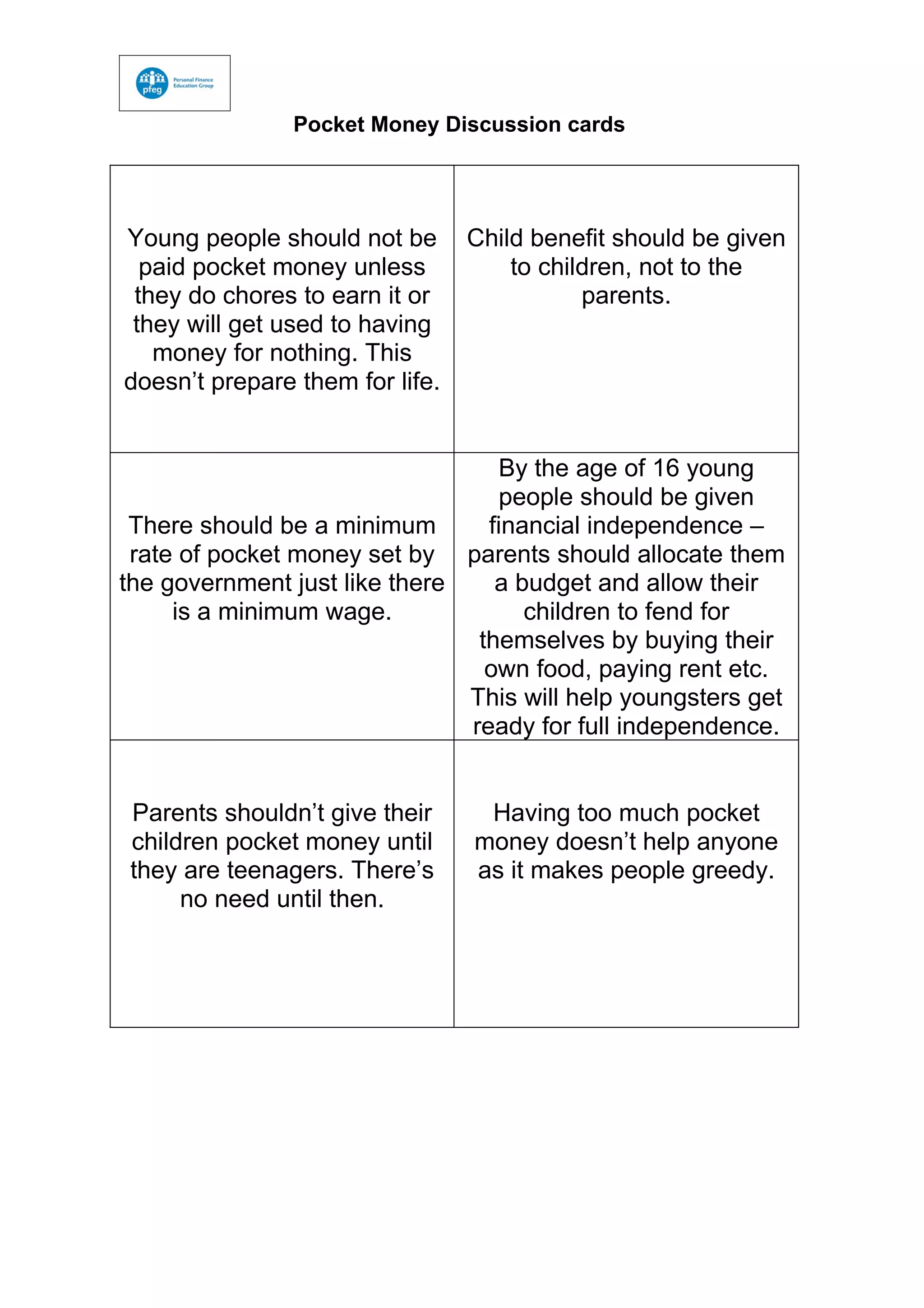 Pocket money discussion cards | DOC