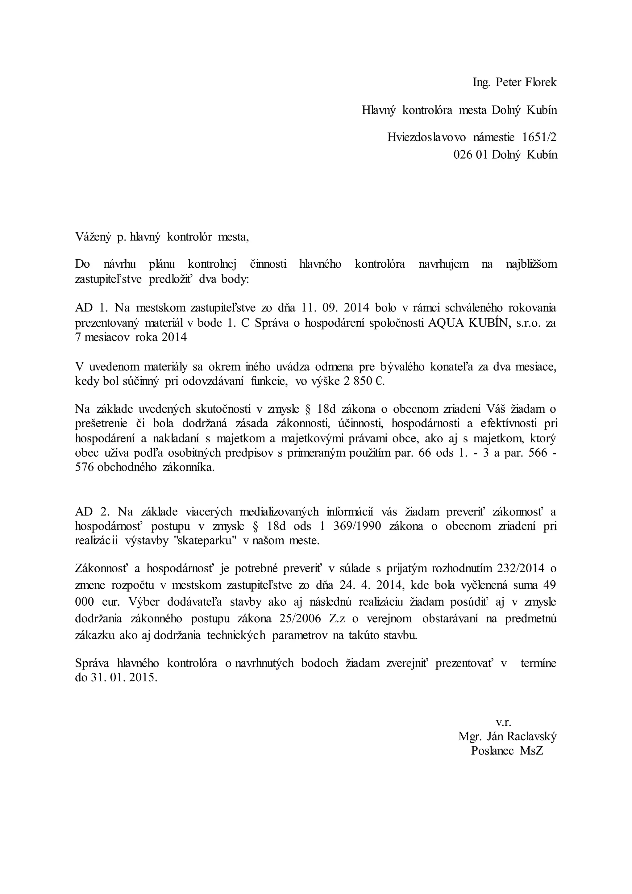 Podnet na plán kontrolnej činnosti | DOCX