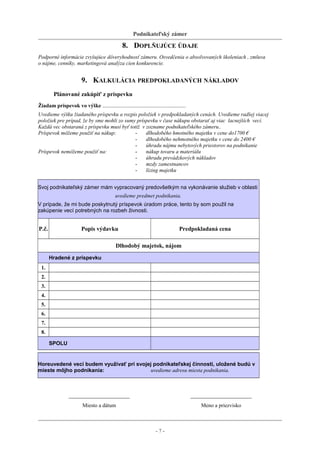 Podnikateľský zámer na získanie príspevku na podnikanie pre ...