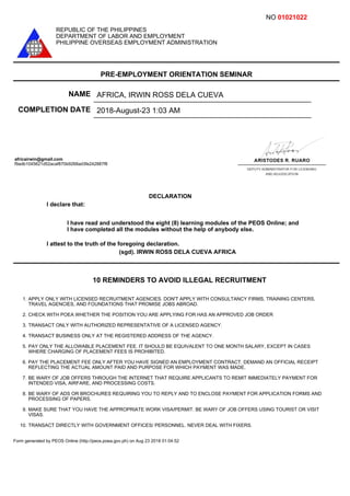 Poea peos certificate | PDF