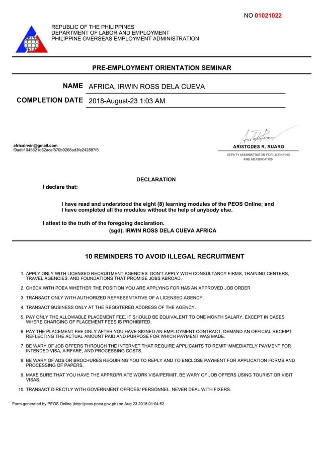 Poea peos certificate