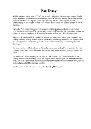 Poe Essay. Unique Tales of Edgar Allan Poe Essay Example Topics and ...