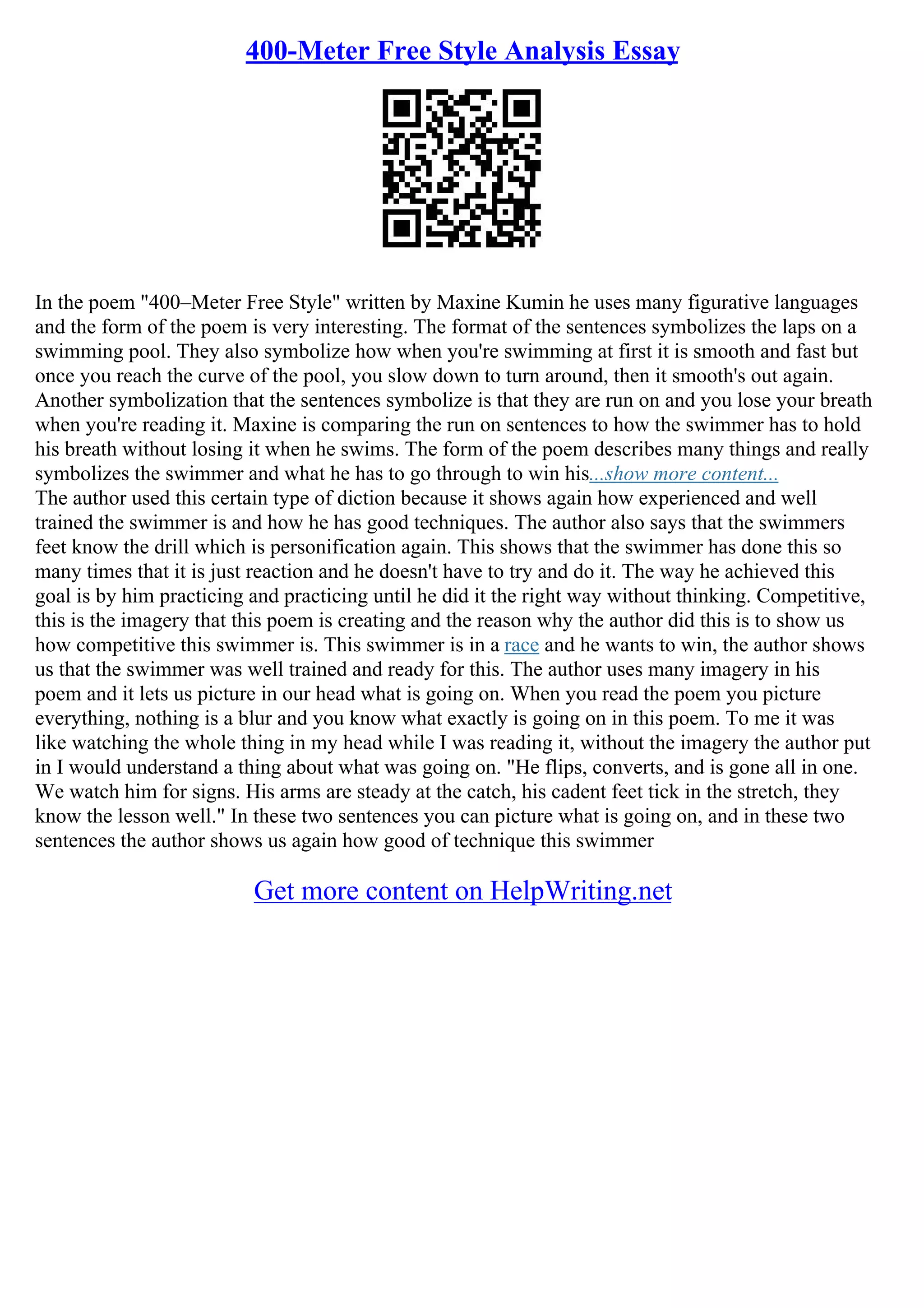 Poem Analysis Essay Example | PDF | Swimming | Sports