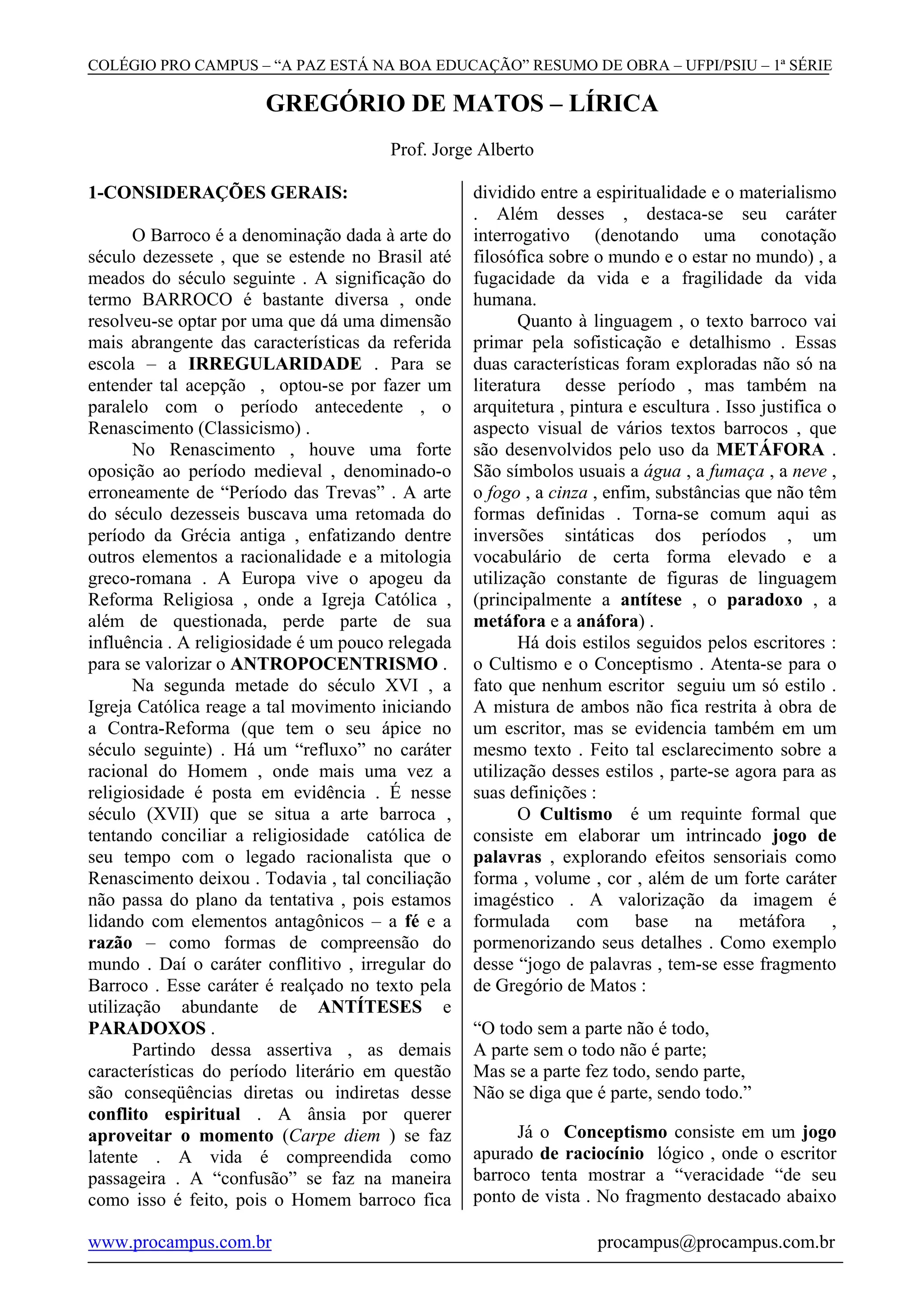 Poemas De Gregório De Matos Guerra - RETOEDU