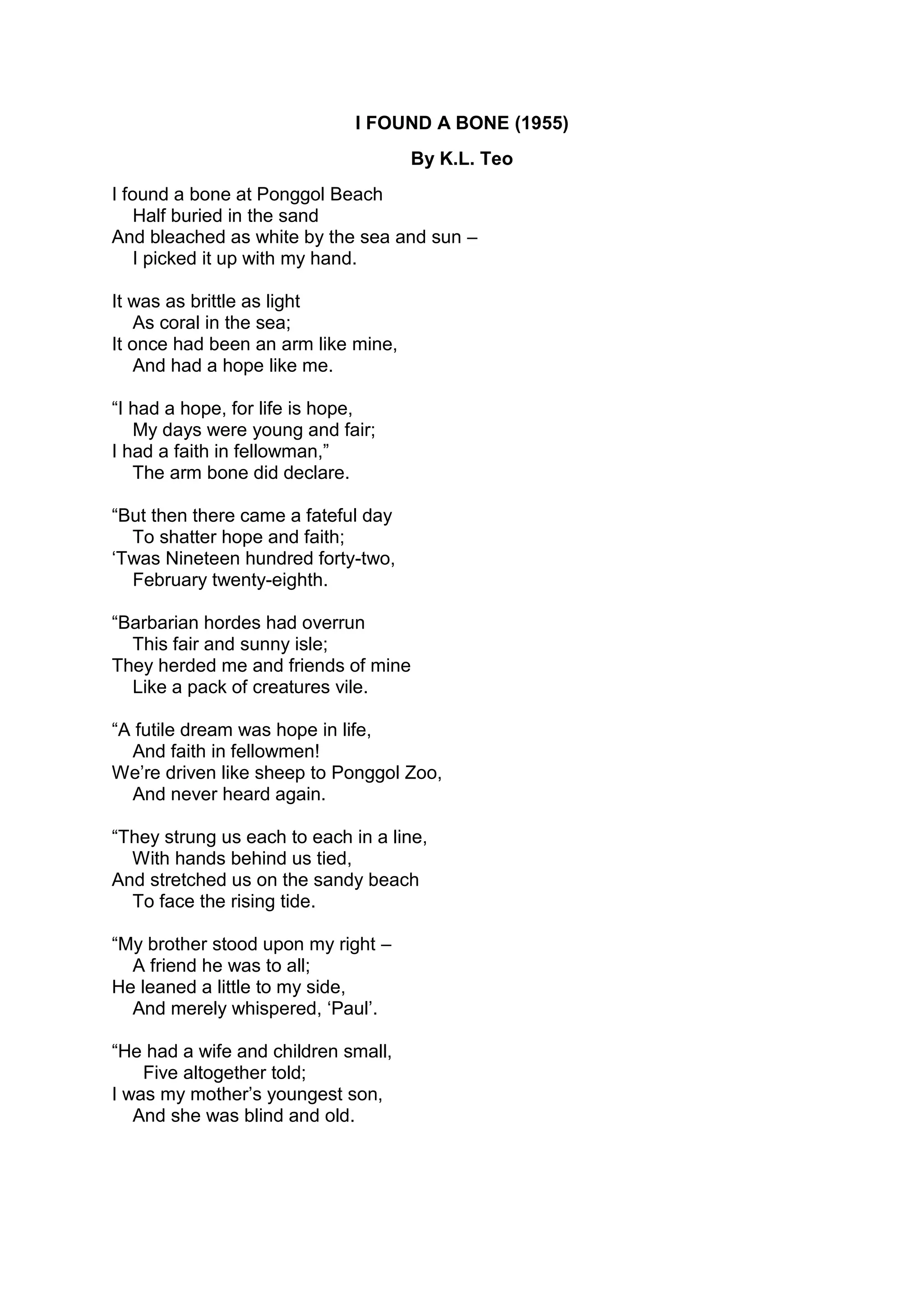 Poem by Teo Kah Leng - I Found a Bone | PDF