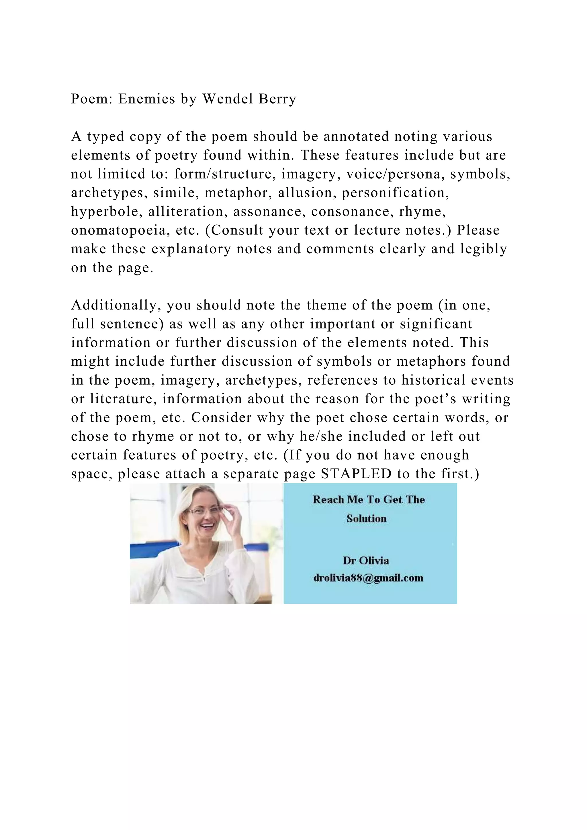 Poem Enemies by Wendel BerryA typed copy of the poem should be .docx