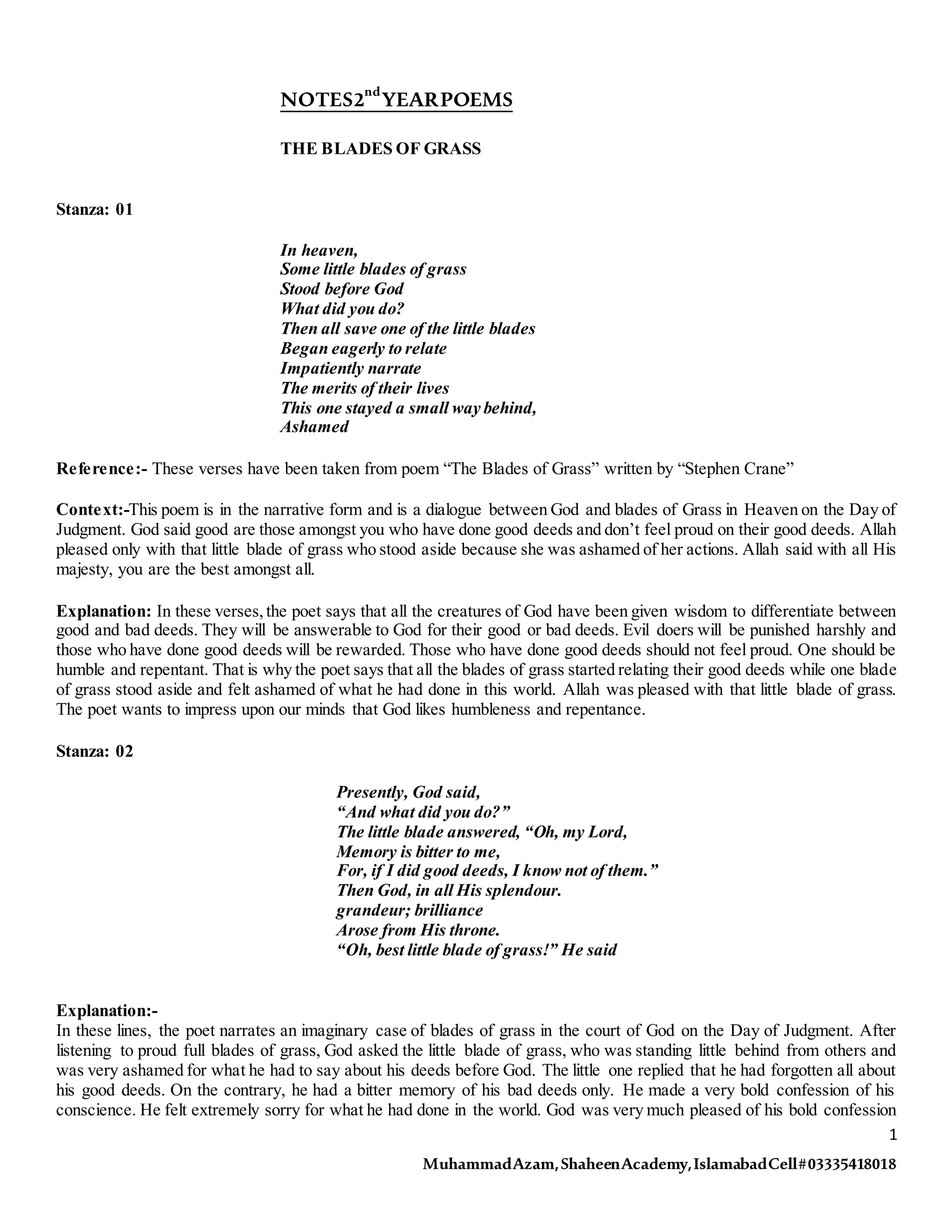 Poems notes 2nd Year English Federal Board/KPK | DOCX