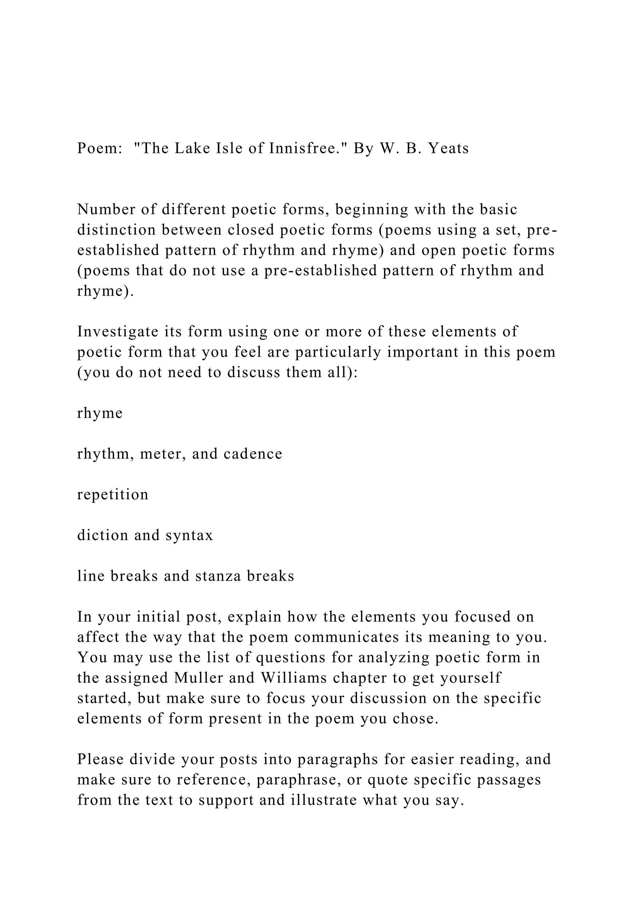 Poem The Lake Isle of Innisfree. By W. B. YeatsNumber .docx