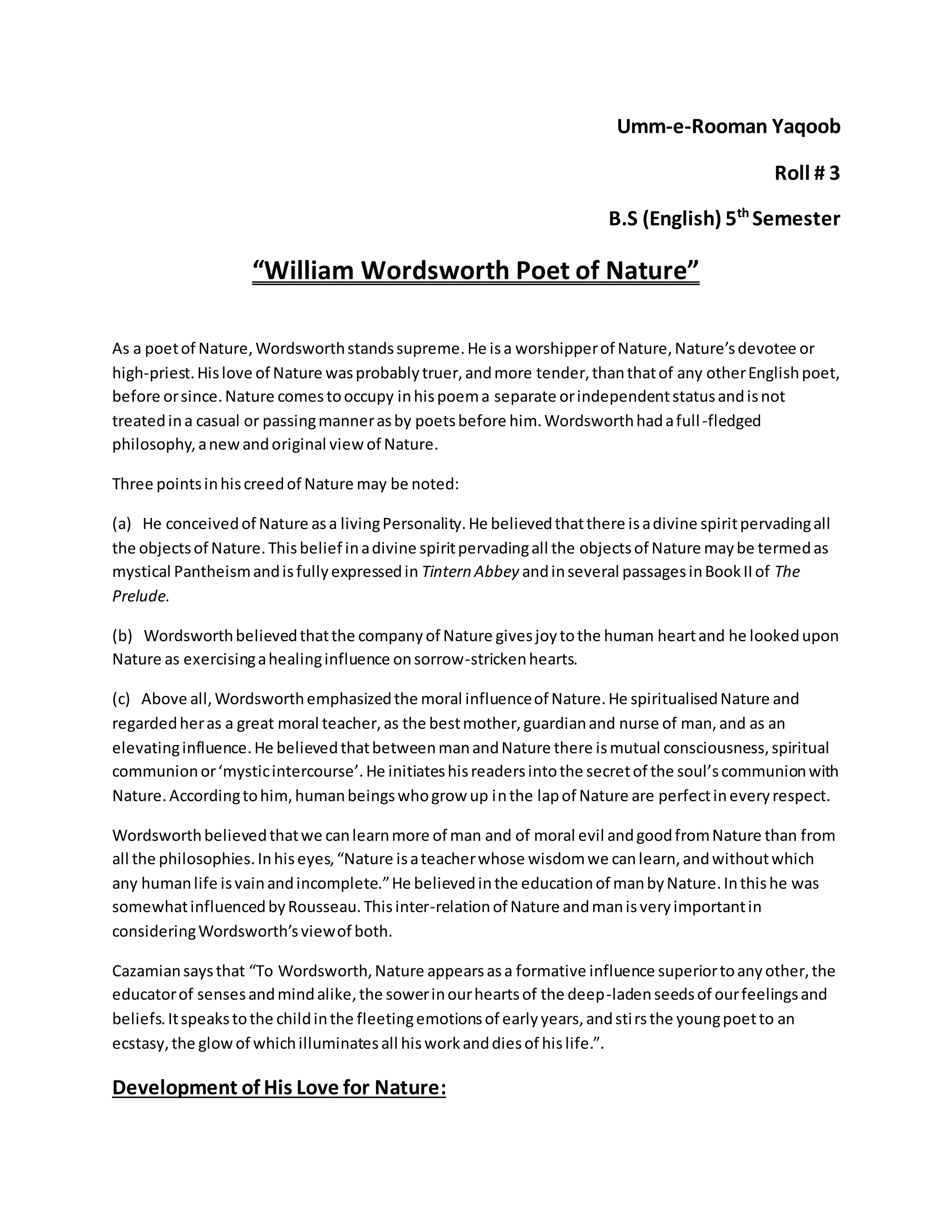 William Wordsworth poet of nature | DOCX