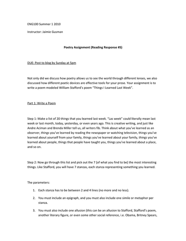 Poetry assignment | DOC | Poetry | Books and Literature