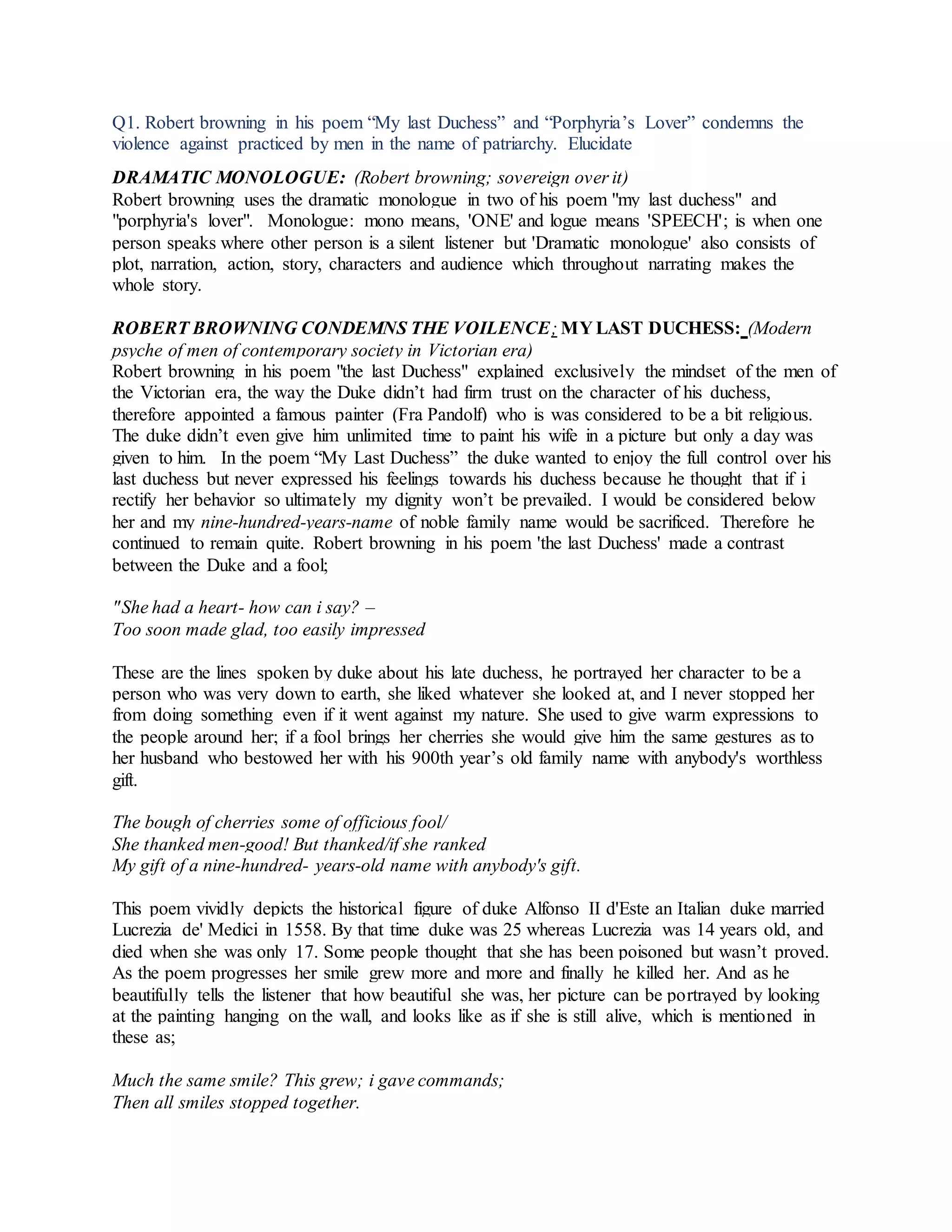 browning condemns voilence in two of his poems (my last duchess) and ...