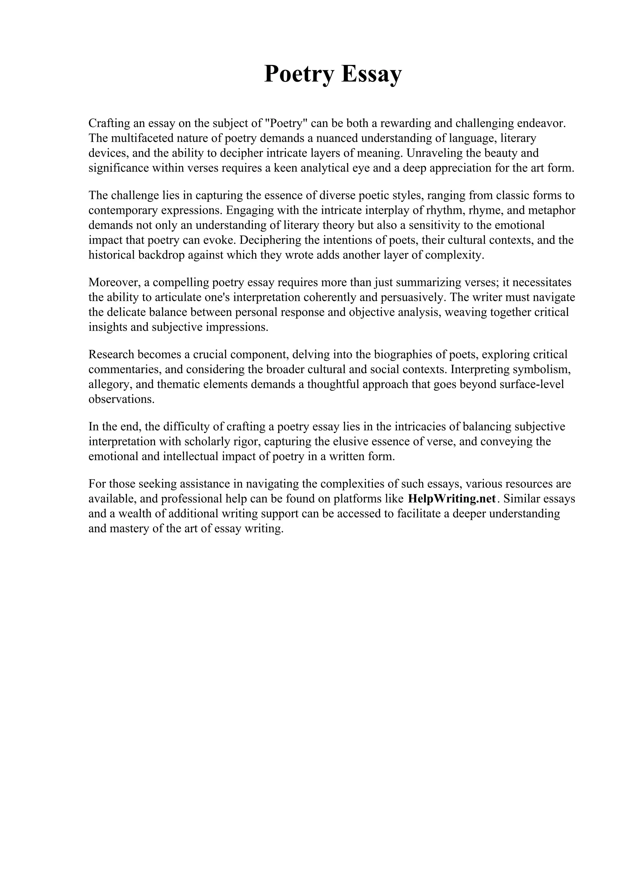 Poetry Essay. Saginaw Valley State University | PDF