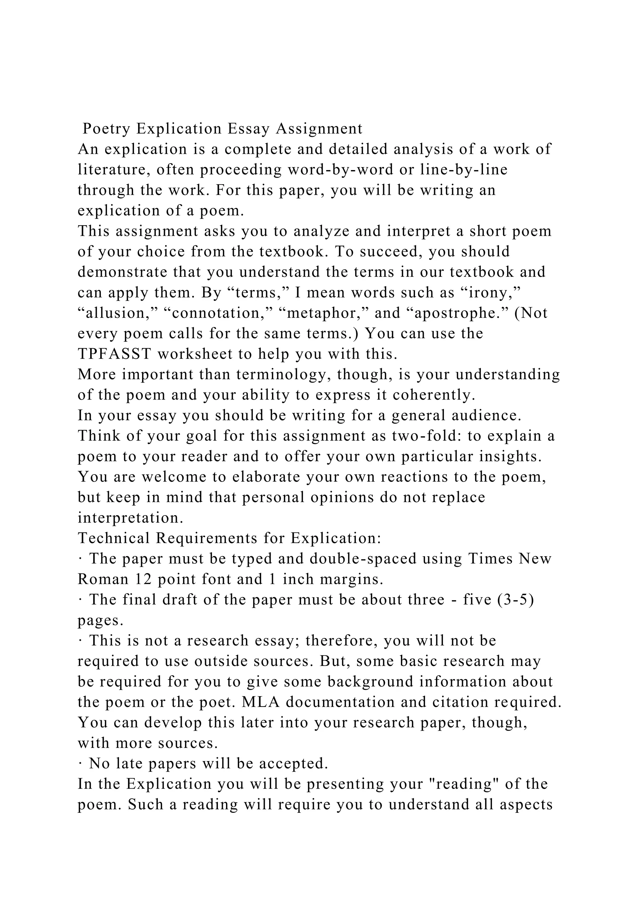 Poetry Explication Essay AssignmentAn explication is a complete.docx ...