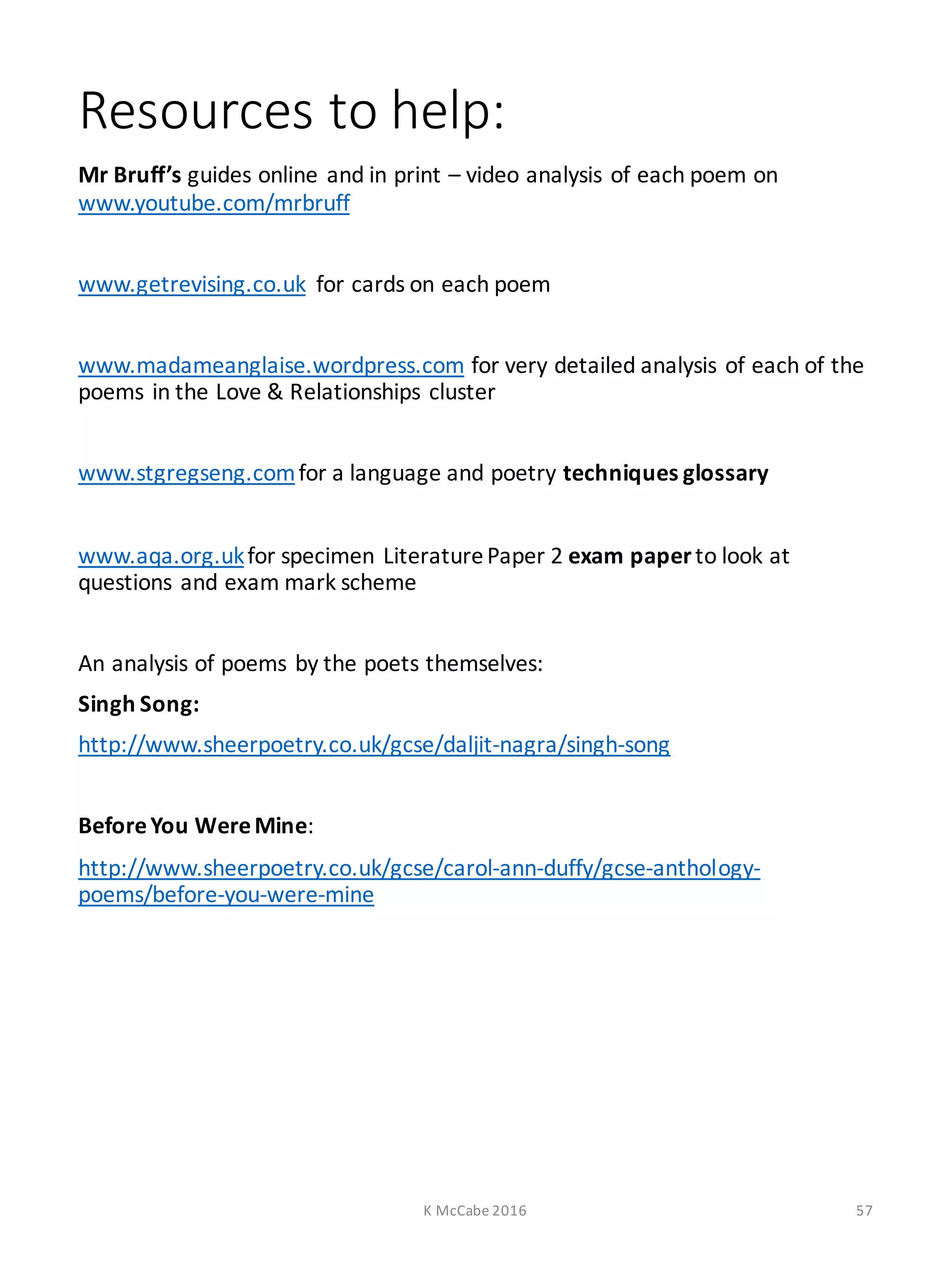 AQA Poetry Guide Love and Relationships Cluster | PDF