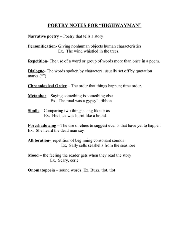 Poetry notes for highwayman | PDF