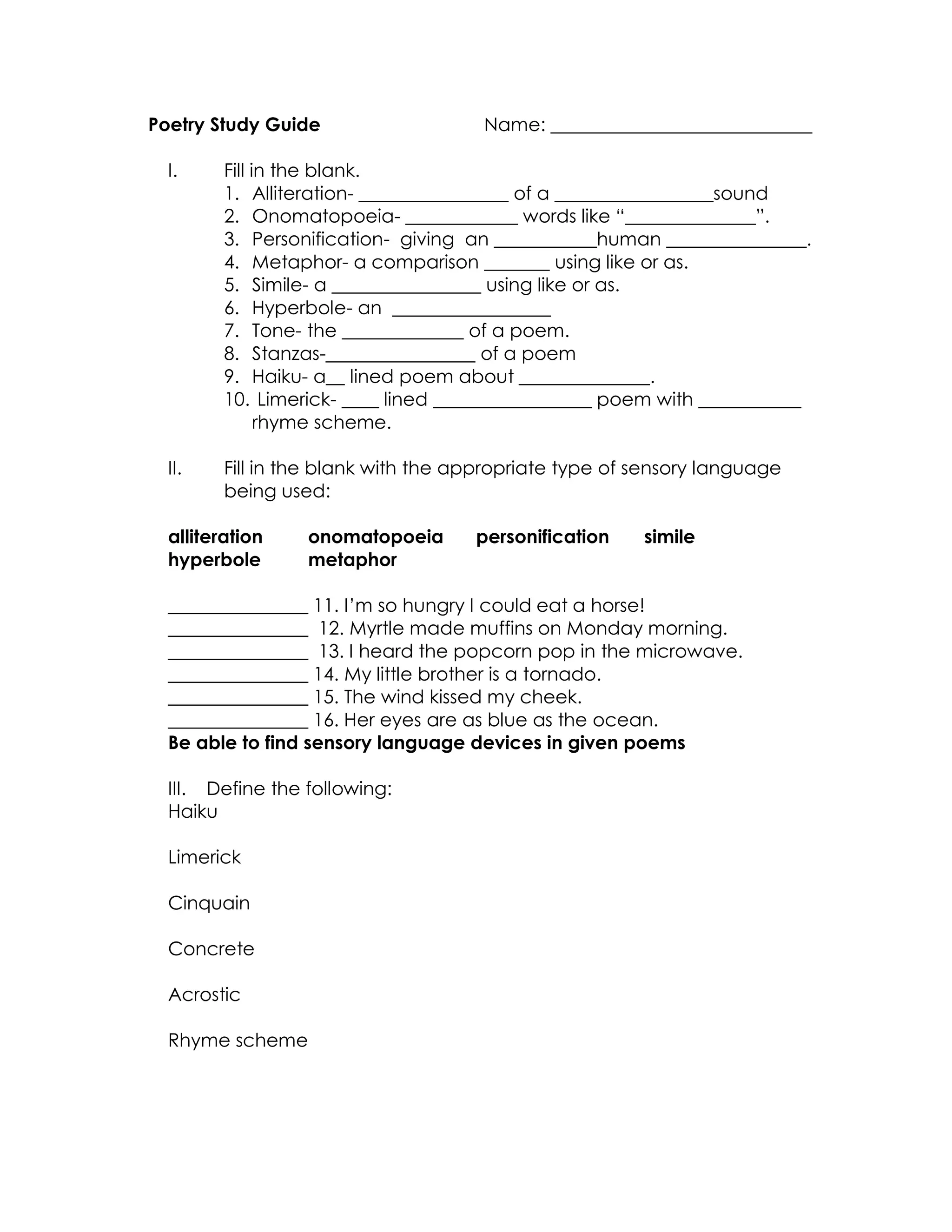 Poetry Study Guide | DOCX