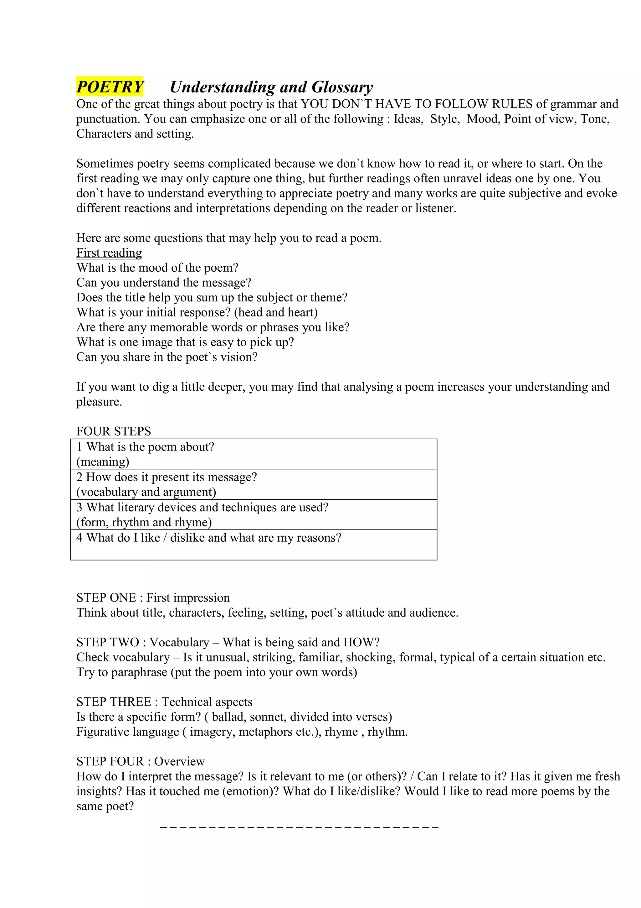 Poetry understanding and glossary | DOCX