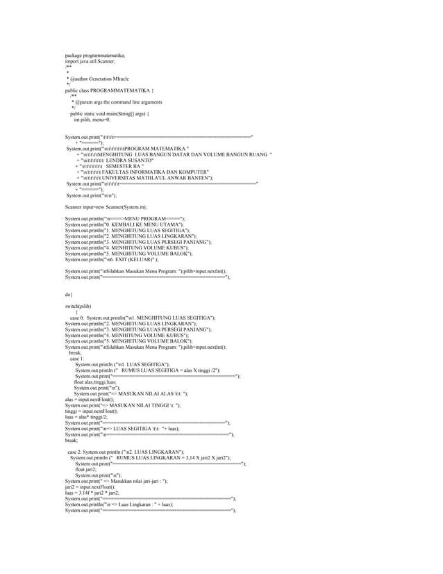 Pogram menghitung bangun datar dan ruang dengan java | PDF