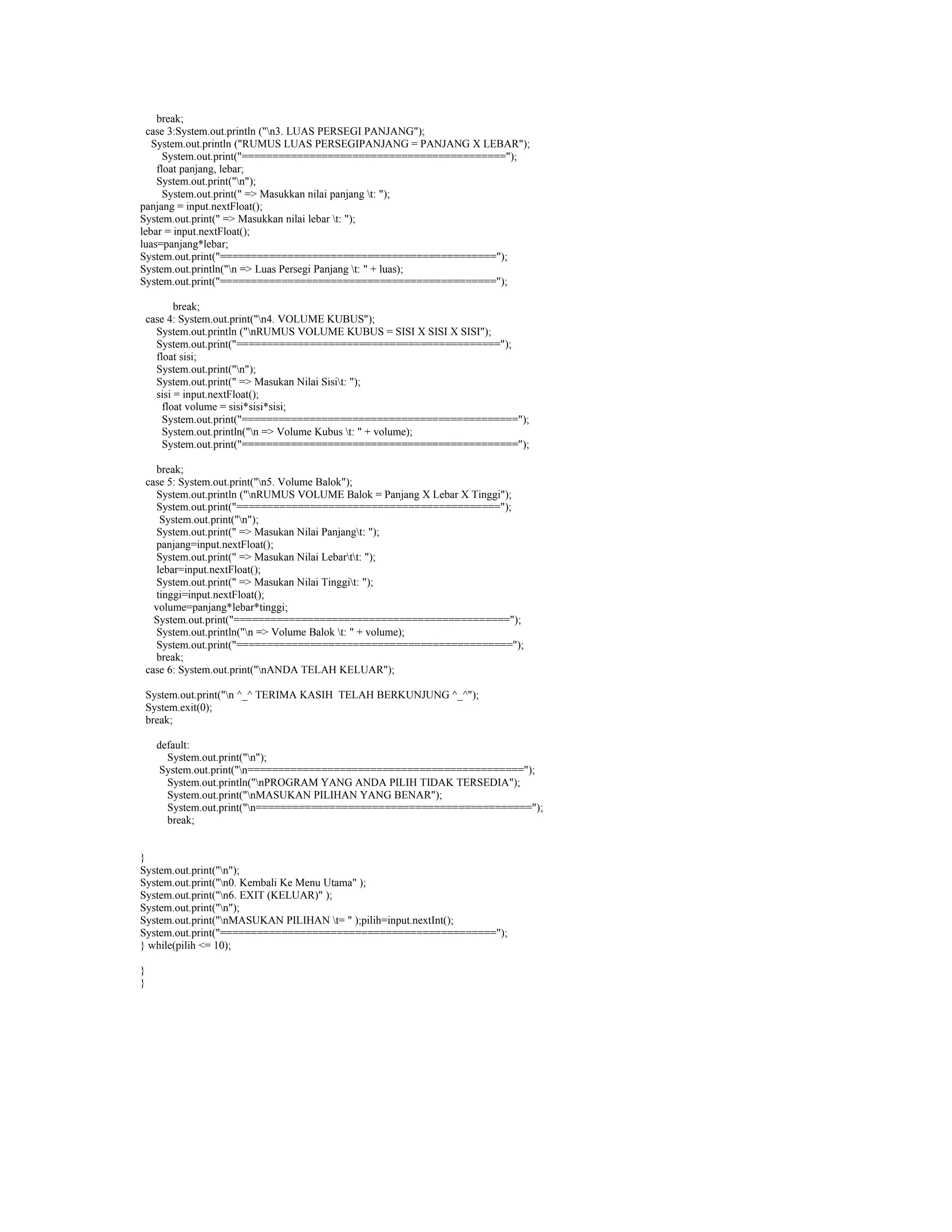 Pogram menghitung bangun datar dan ruang dengan java | PDF