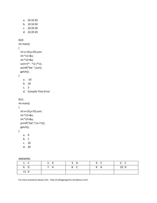 MCQs(MULTIPLE CHOICE QUESTIONS) POINTERS C | PDF