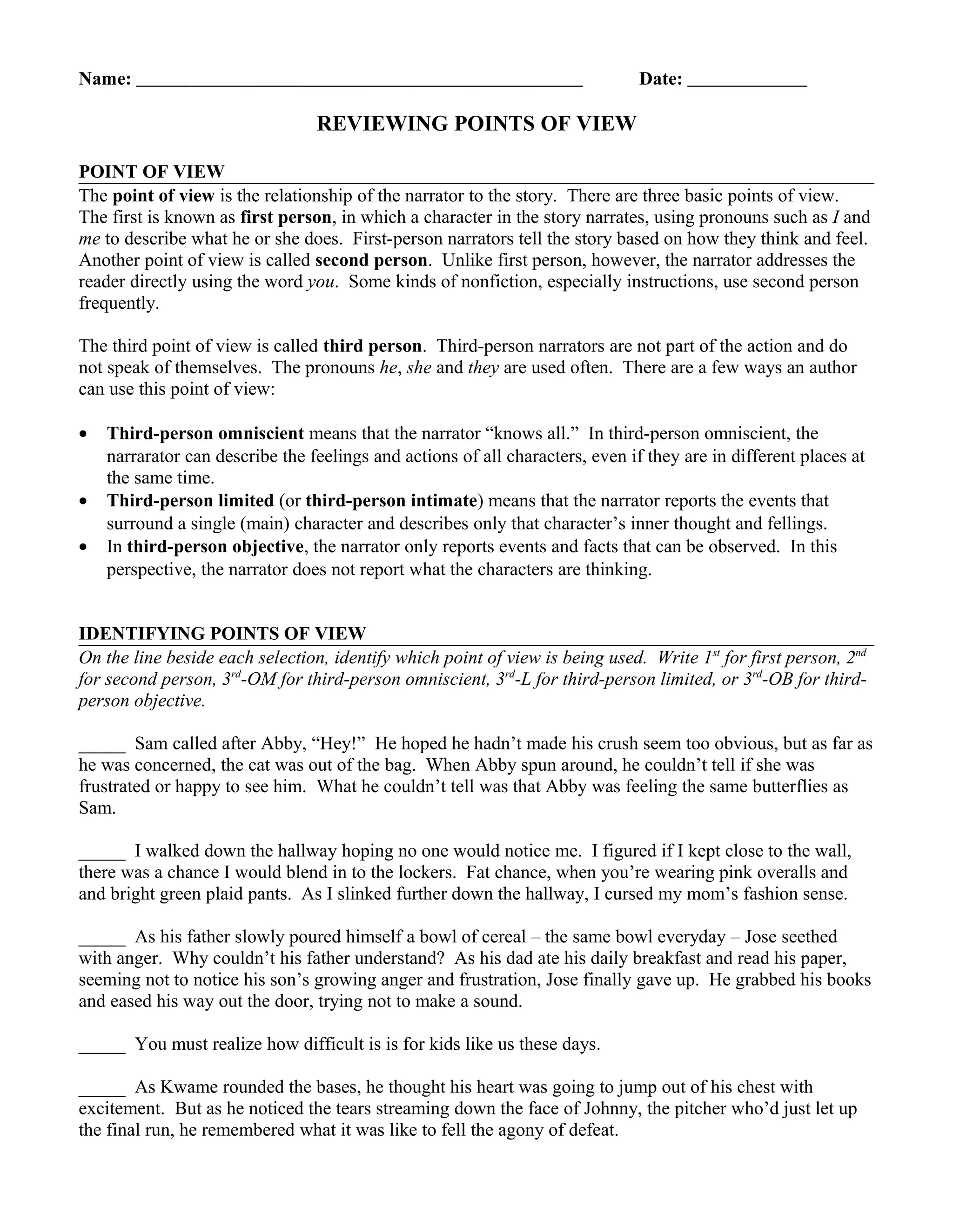 Point of view review worksheet | DOC